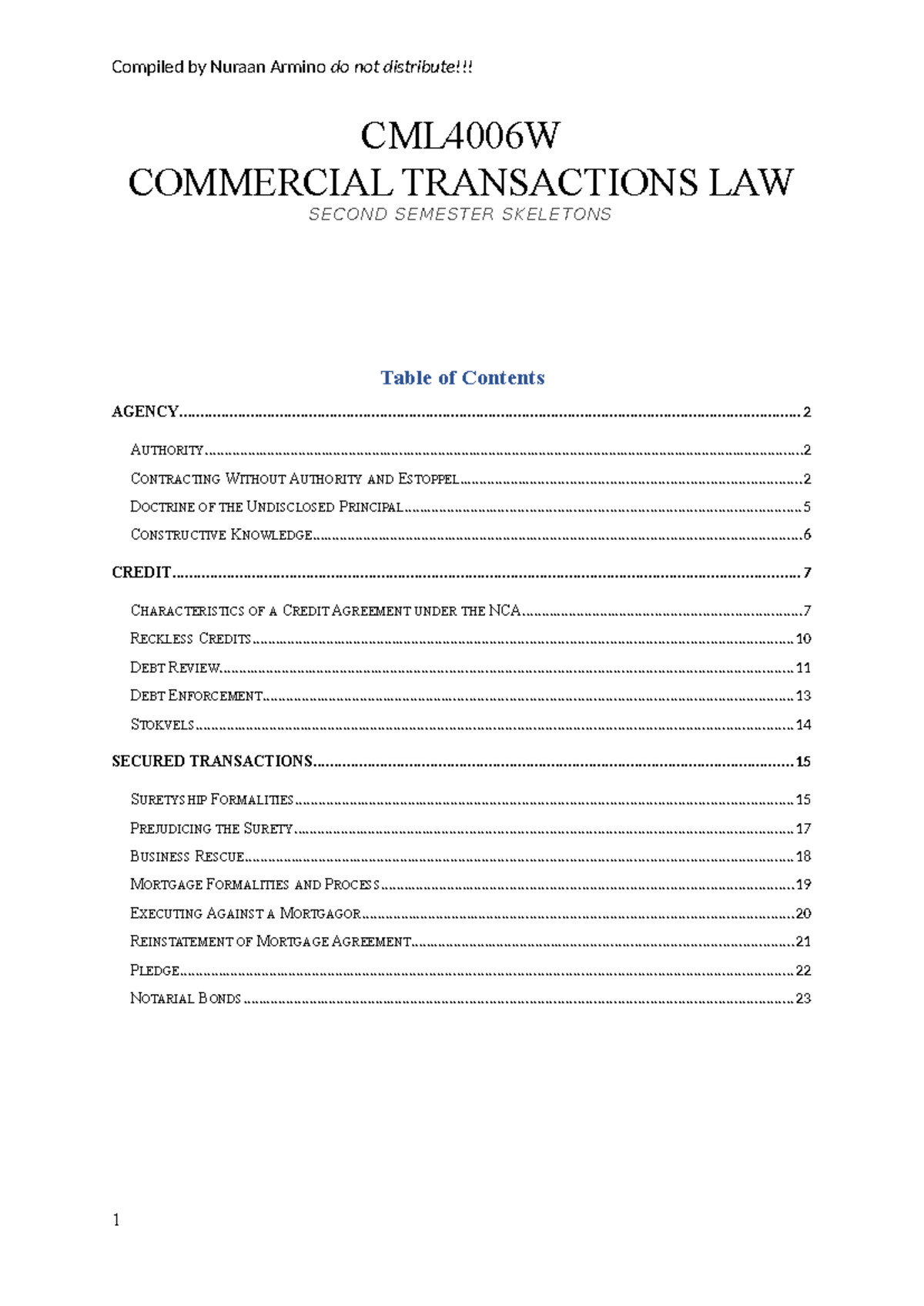 CML4006W Commercial Transactions Law Second Semester Skeleton Notes ...