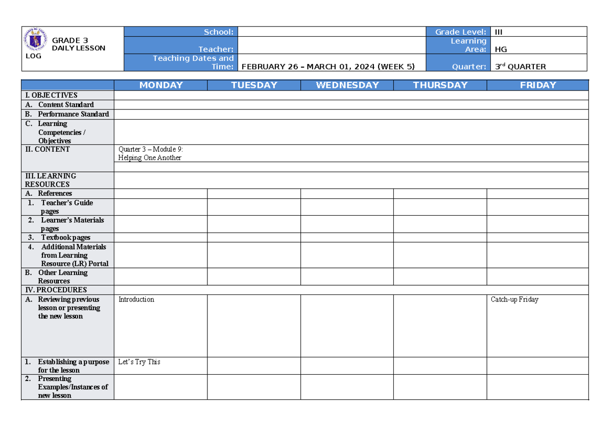 Q2 W5 HG - DLL - GRADE 3 DAILY LESSON LOG School: Grade Level: III ...