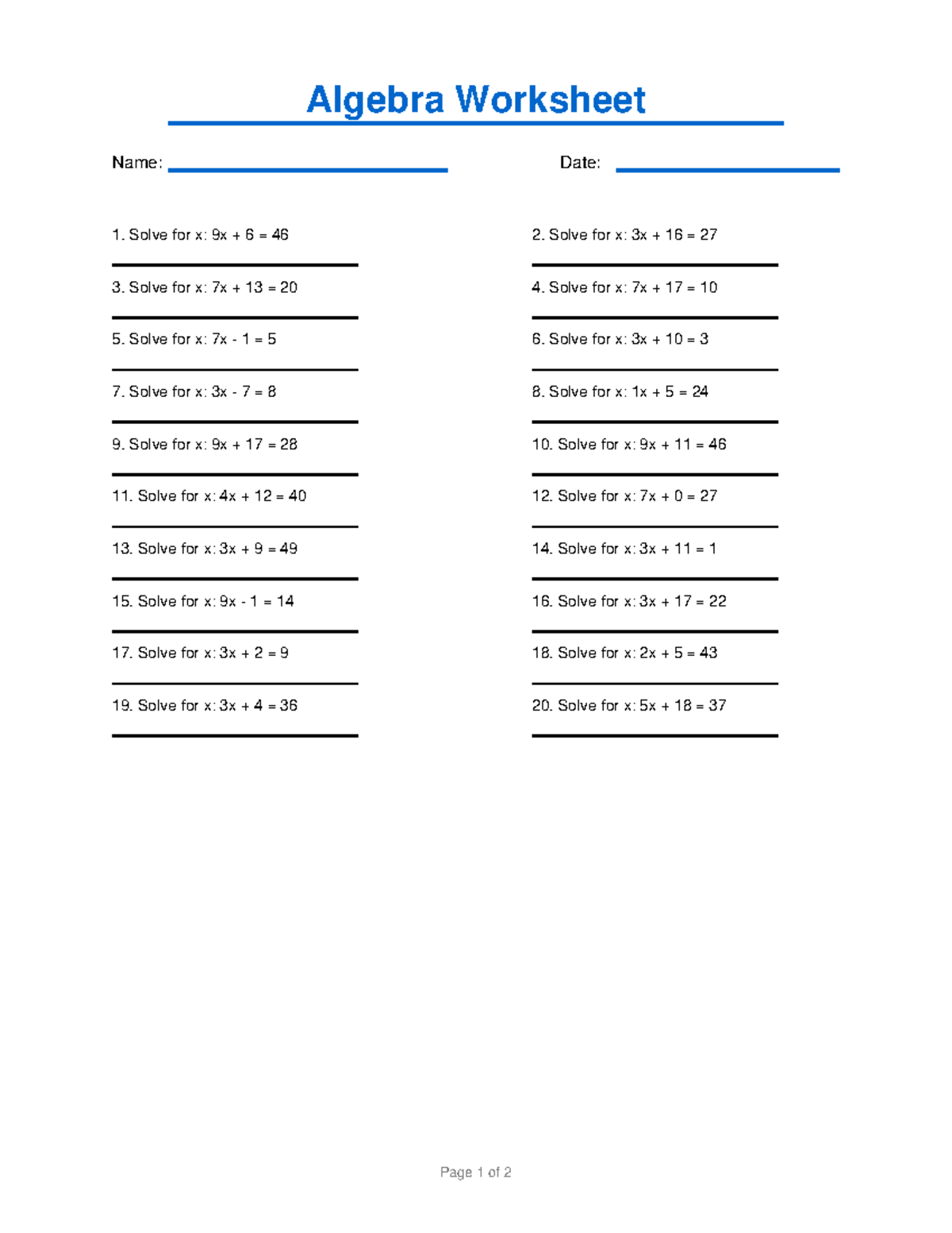 Algebra Worksheet 9: Solve for x & Word Problems - Studocu