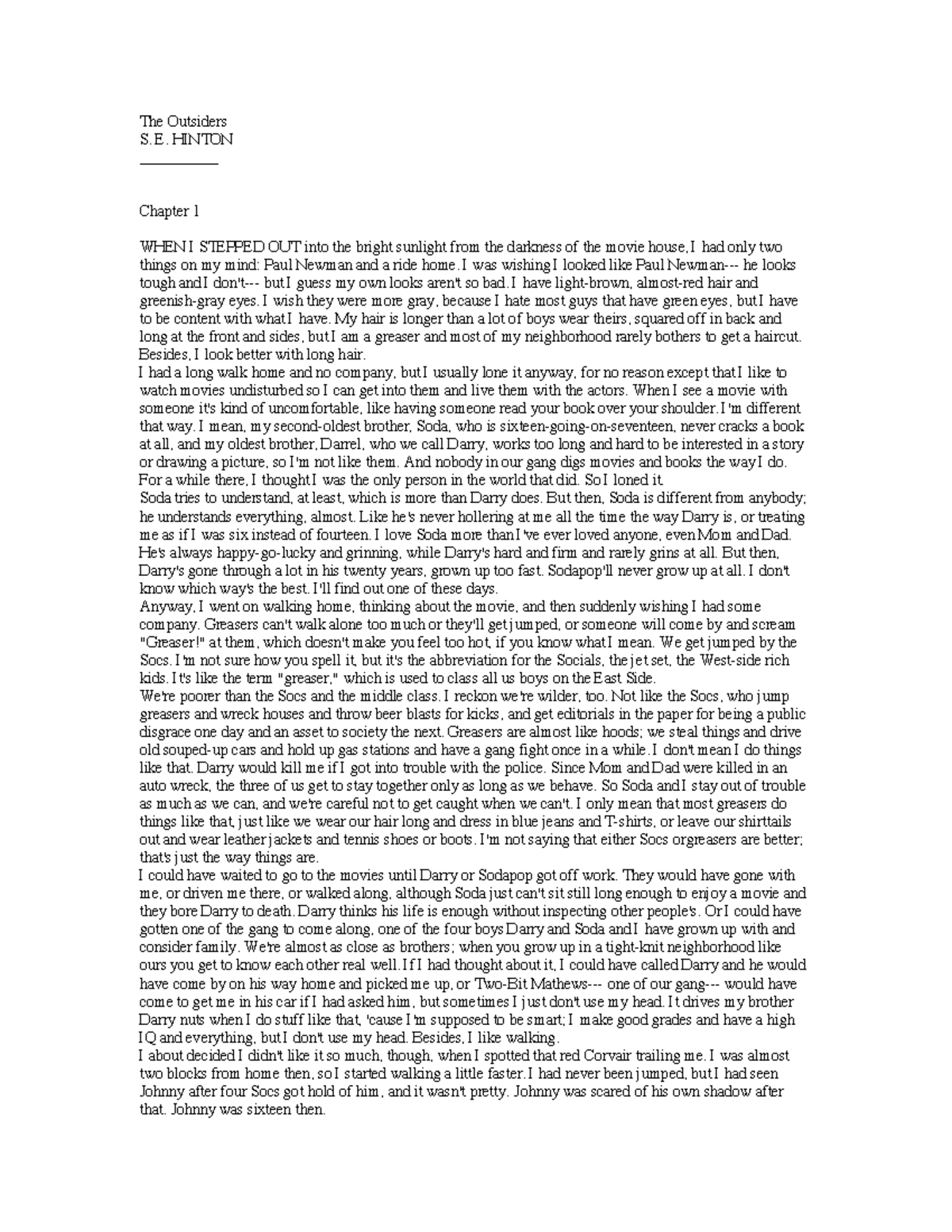 The Outsiders (ENG 101) Chapter 1 Summary and Analysis - Studocu