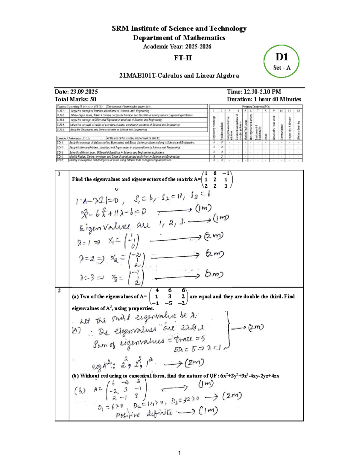 SRMIST MATH D1 Set A Linear Algebra Exam Solutions - Studocu