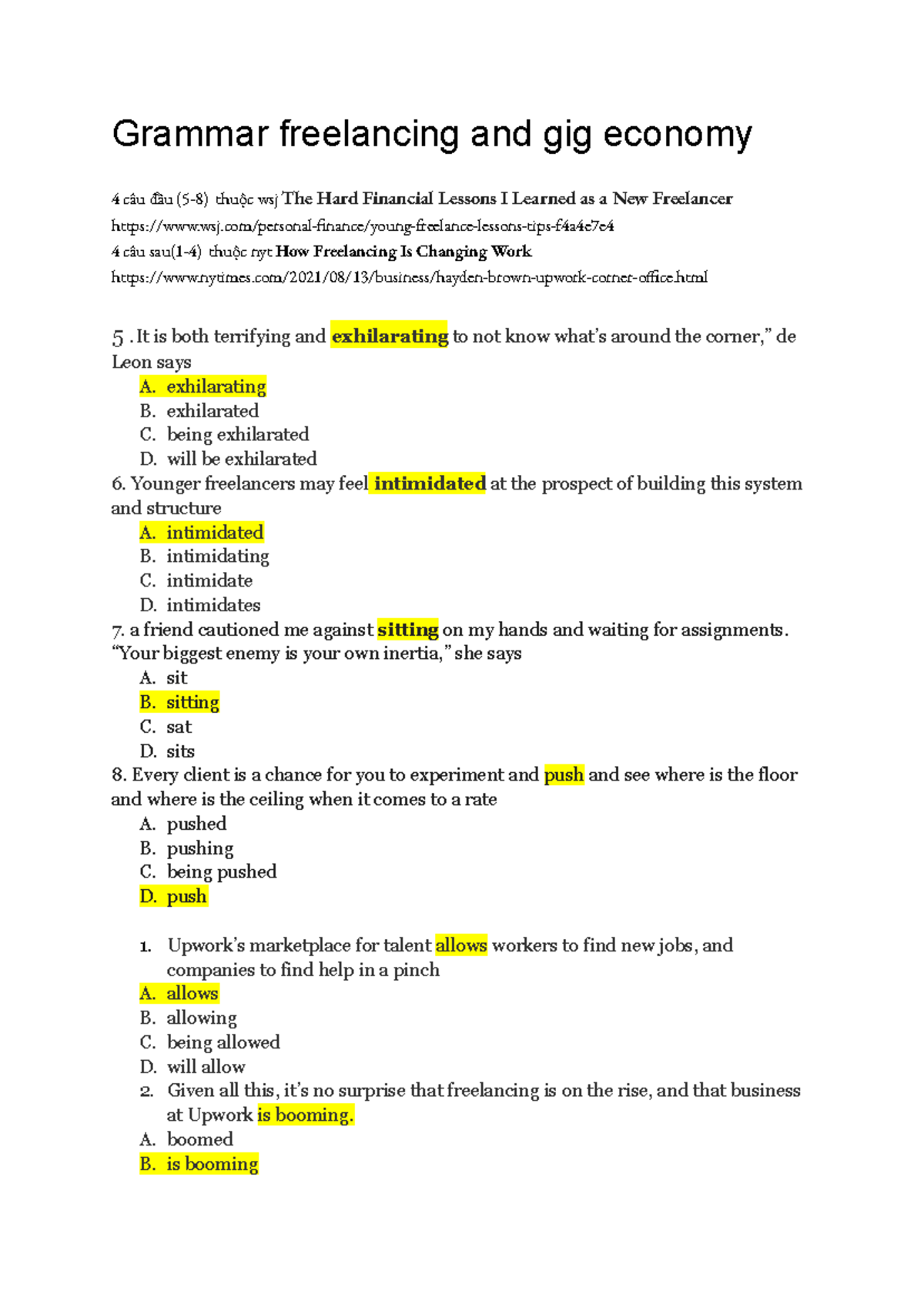 Grammar Notes on Freelancing & Gig Economy - BT Tiếng Anh - Studocu
