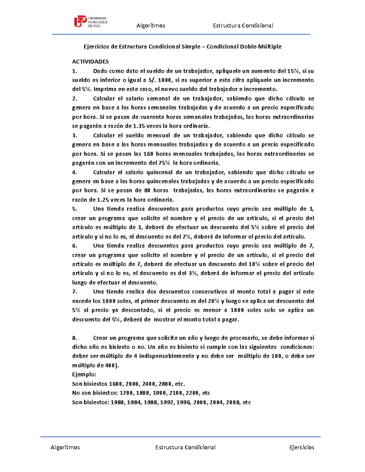 Ejercicios de Condicional Simple - Condicional Doble 2UTP - Algoritmos ...