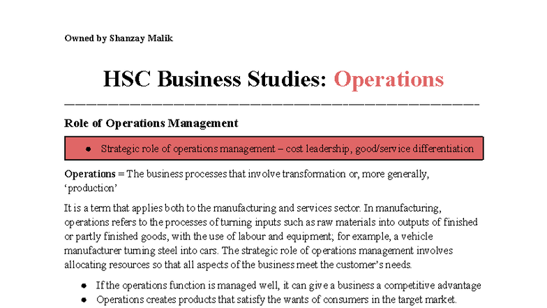 HSC Business Studies: Operations Management Strategies and Insights ...