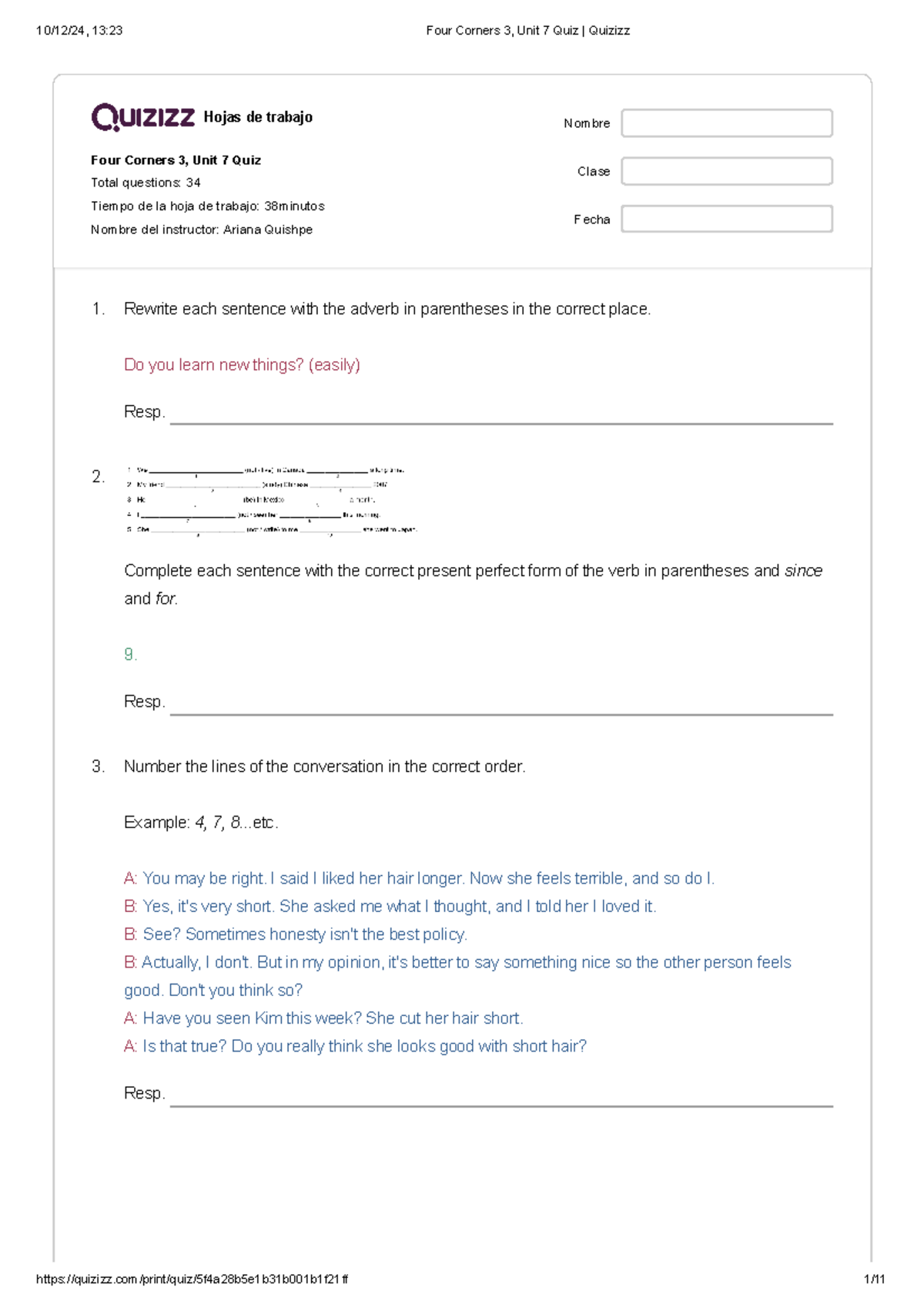 Four Corners 3, Unit 7 Quiz Quizizz - Hojas de trabajo Four Corners 3 ...