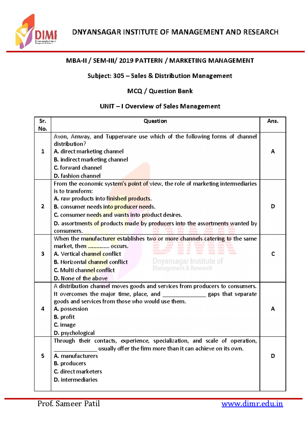 MM-305 Sales Distribution Management MCQ Question Bank - 2019 Pattern ...