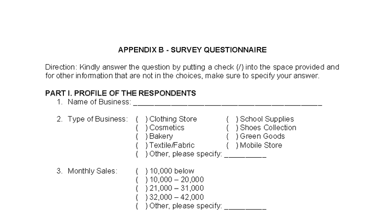 APPENDIX B: BUSINESS OWNER SURVEY QUESTIONNAIRE - Studocu