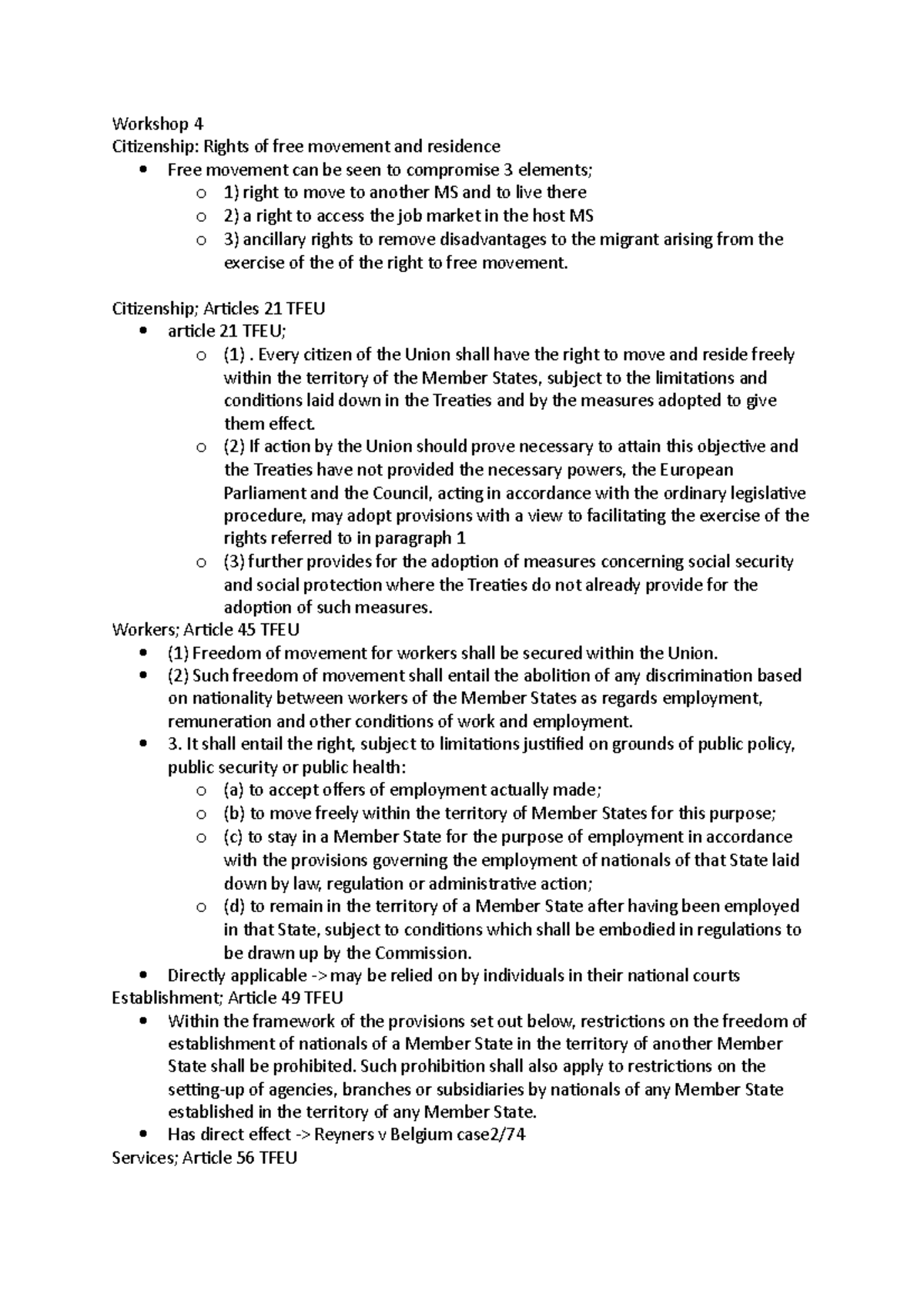Workshop 4 notes; Free movement of People - Workshop 4 Citizenship ...