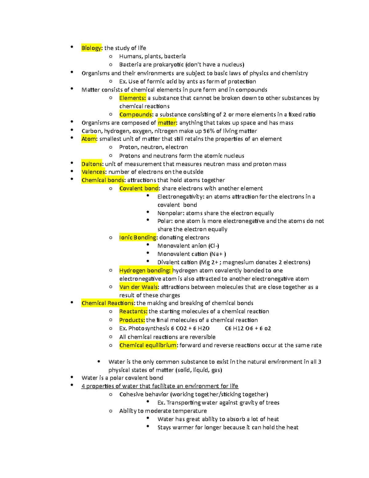 BIO 111 Lecture Notes: Introduction to Biology and Chemical Foundations ...