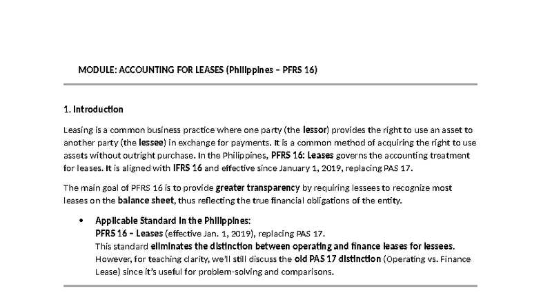 MODULE: ACCOUNTING FOR LEASES (Philippines PFRS 16) - Overview and Key ...