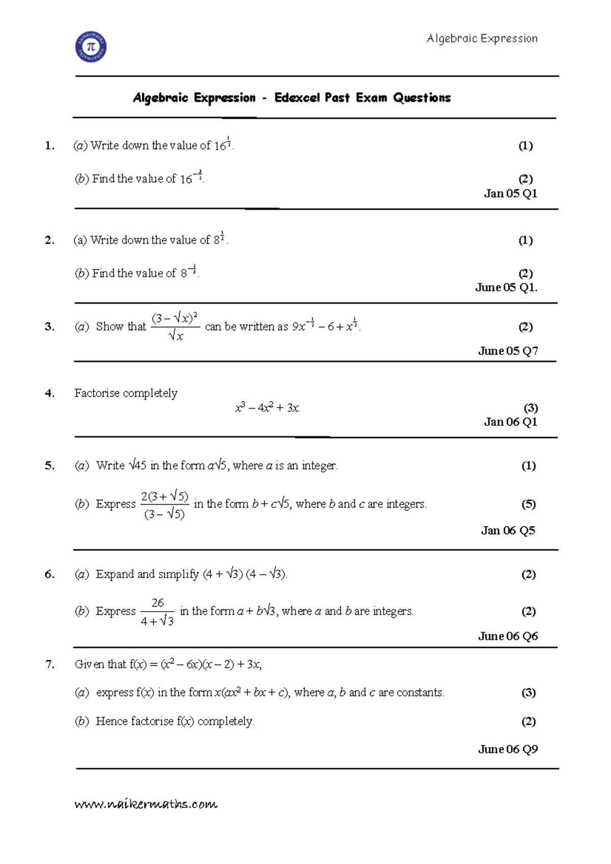 Algebraic Expressions - Edexcel Past Exam Questions & Solutions - Studocu