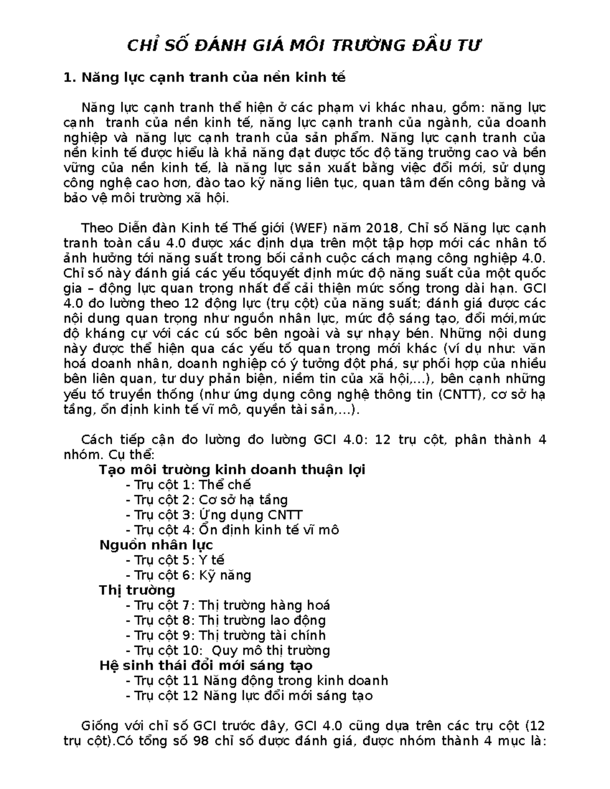 Đánh giá Chỉ số Môi Trường Đầu Tư và Rủi Ro Quốc Gia (GCI 4.0) - Studocu