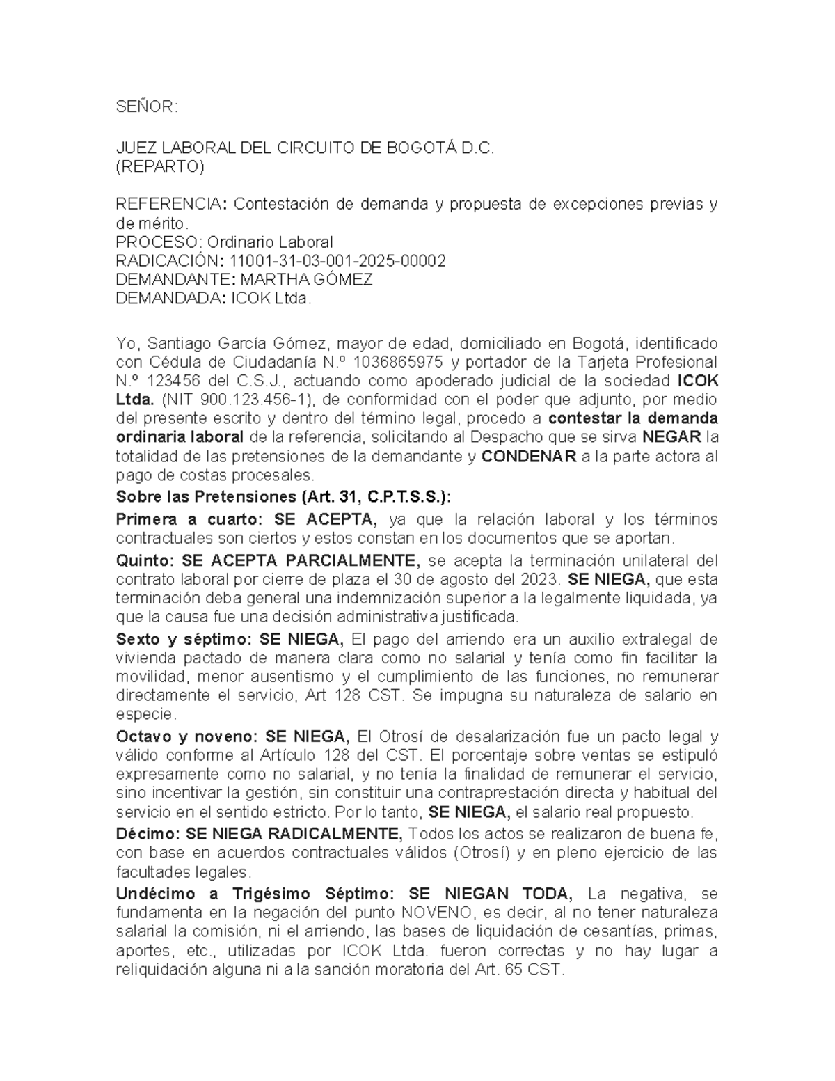 Contestación de Demanda Ordinaria Laboral - ICOK Ltda. - Studocu