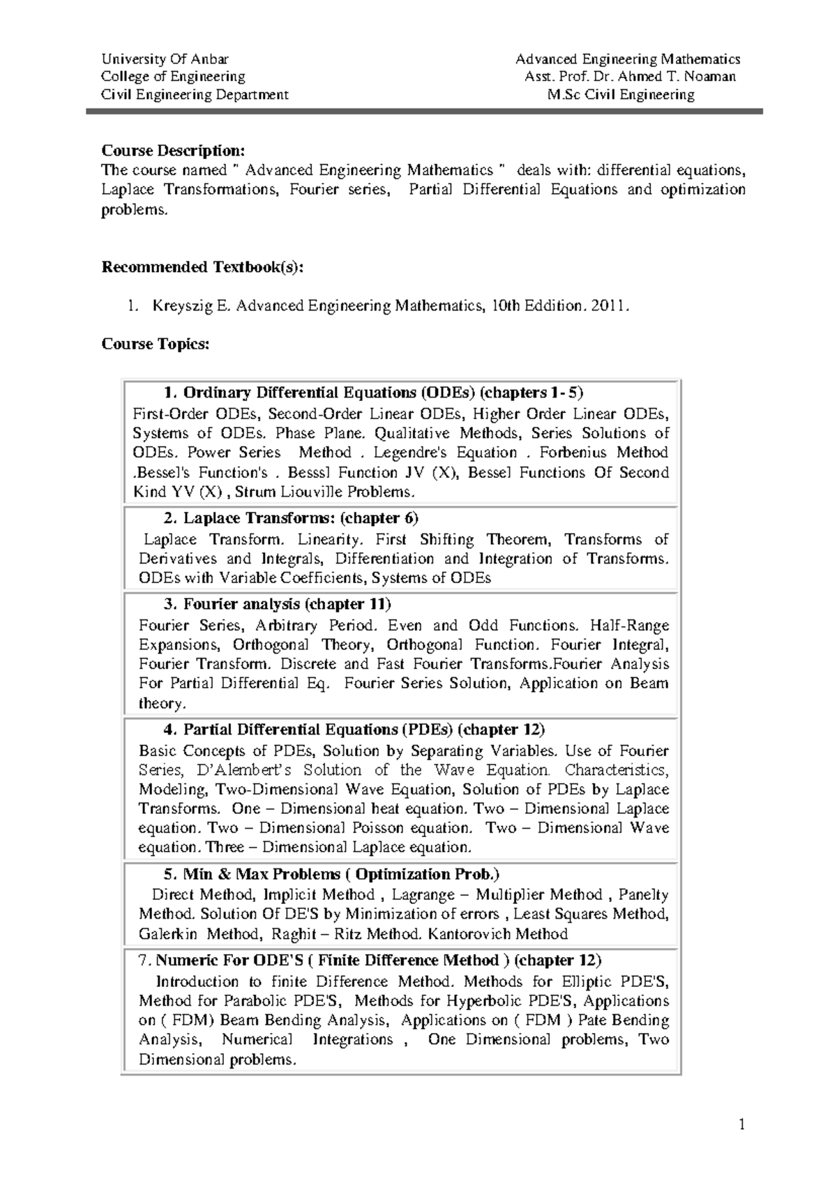 Advanced Engineering Mathematics - Civil 1 Lecture Notes - Studocu