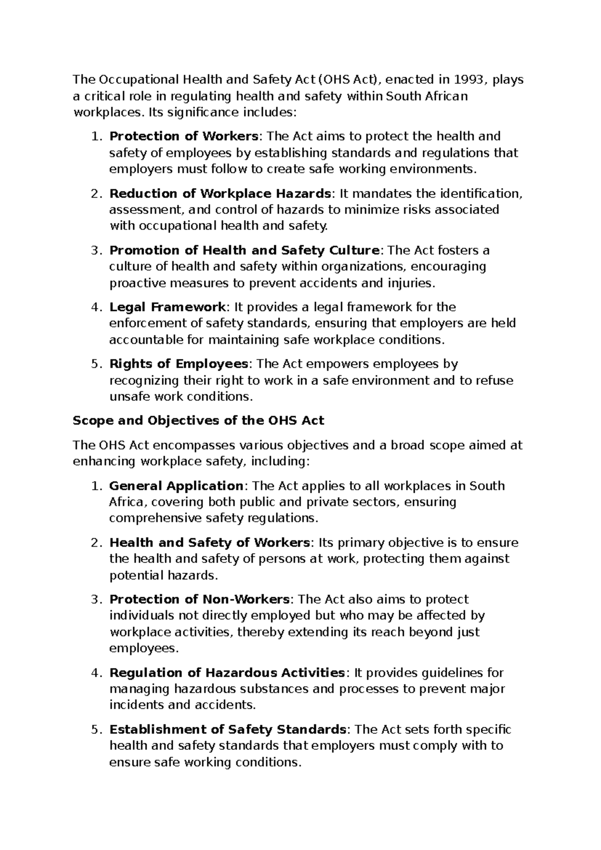 OHS Act Overview: Key Responsibilities & Benefits for Workplaces - Studocu