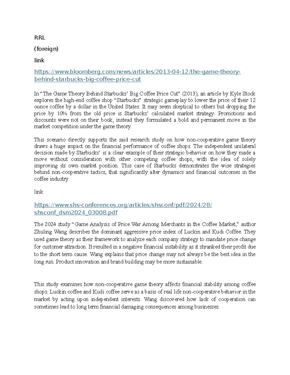 RRL - Lecture Notes on Game Theory in Coffee Pricing Strategies - Studocu