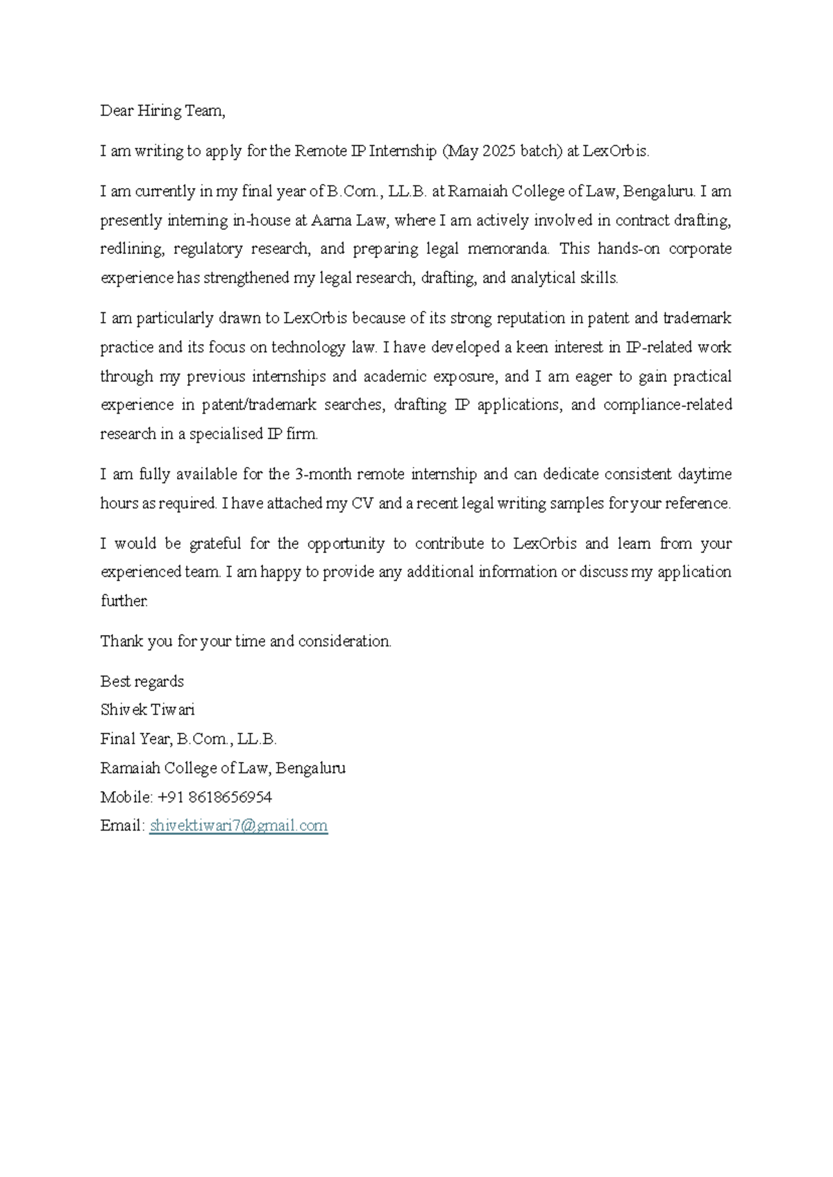 Cover Letter for Remote IP Internship - B.Com., LL.B. - Studocu