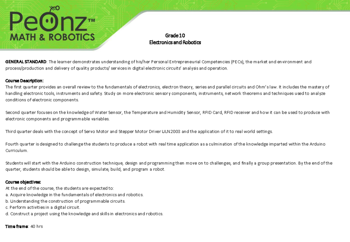 Arduino Curriculum: Grade 10 Electronics & Robotics Overview - Studocu