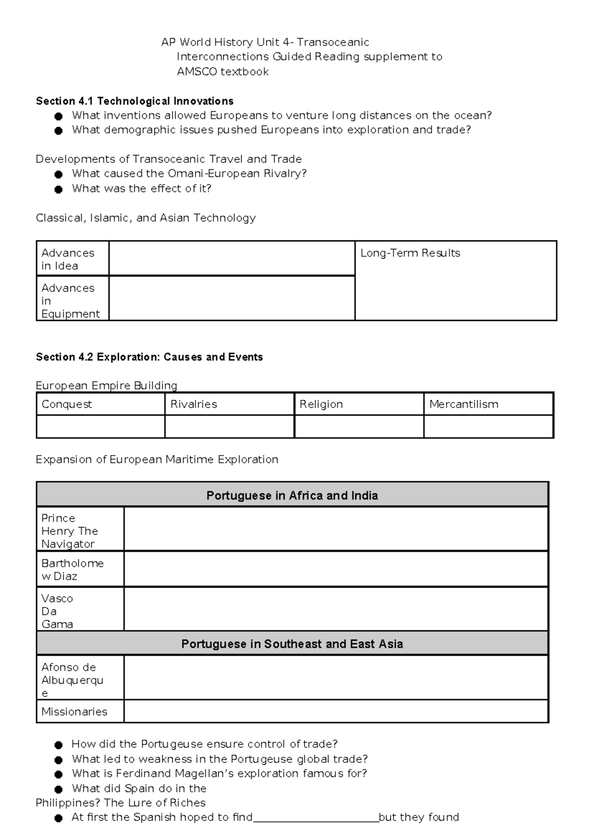 APWH AMSCO Unit 4: Transoceanic Interconnections Guided Reading - Studocu