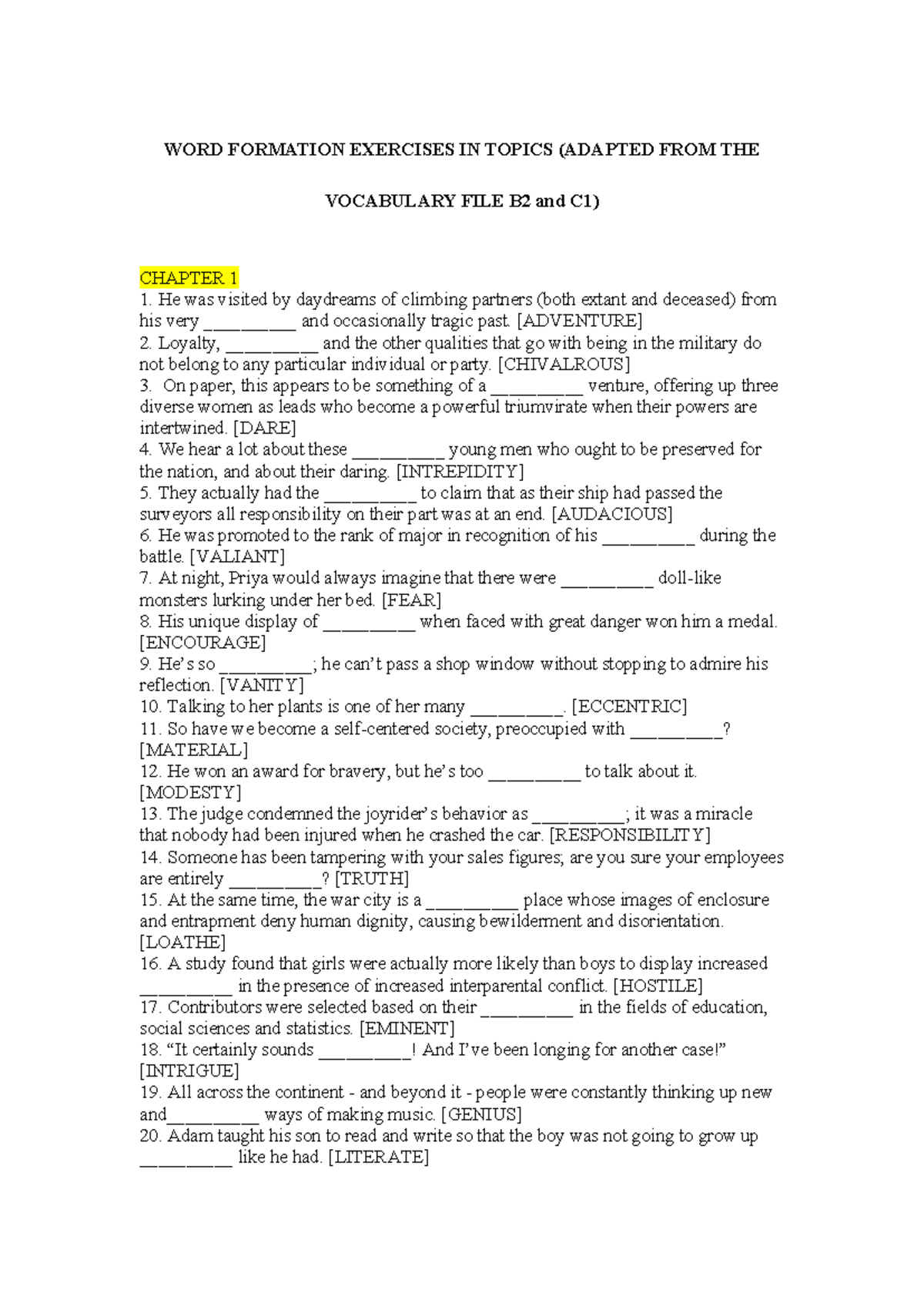 WORD FORMATION EXERCISES B2 & C1: CHAPTER 1 & 2 - Studocu