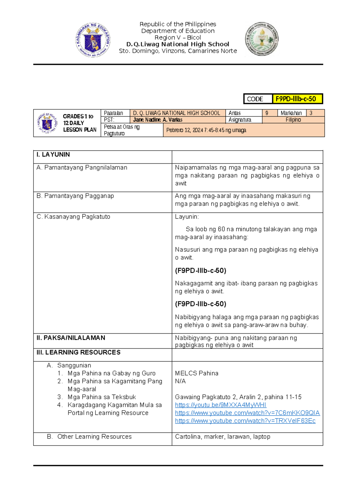 DLP-grade 9 Lesson Plan: Elehiya at Dalit for Filipino Class - Studocu