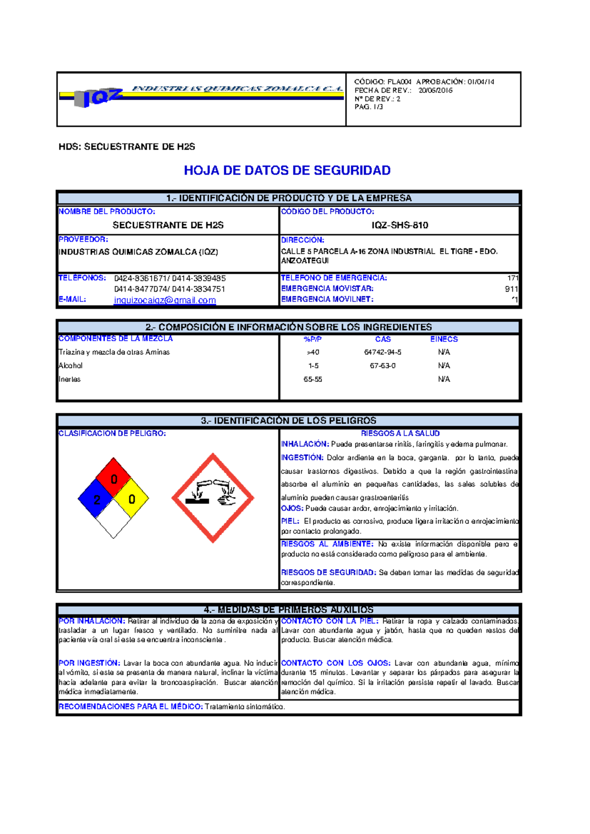 HDS: SECUESTRANTE DE H2S - HOJA DE DATOS DE SEGURIDAD FLA004 - Studocu