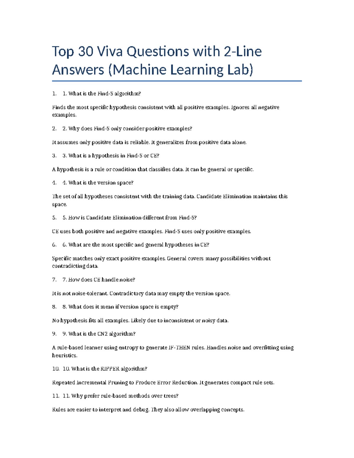 Top 30 Viva Questions & Answers (ML Lab) - Studocu