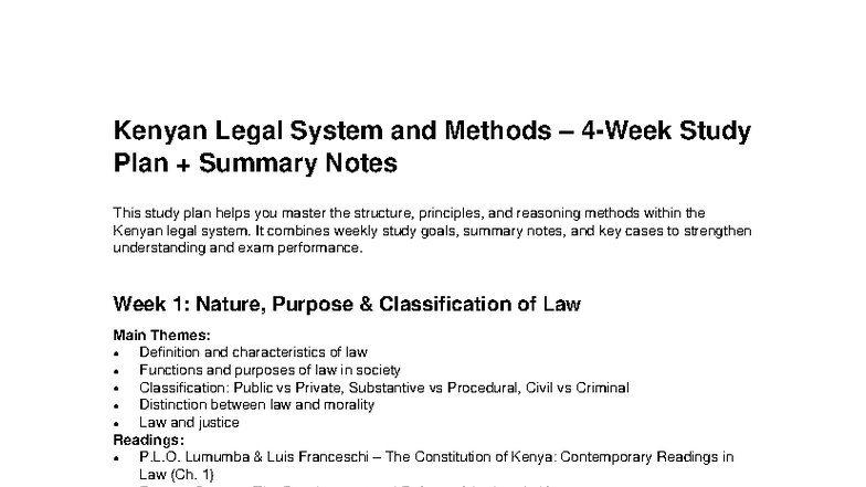 Kenyan Legal System & Methods Study Plan Summary Notes - Studocu