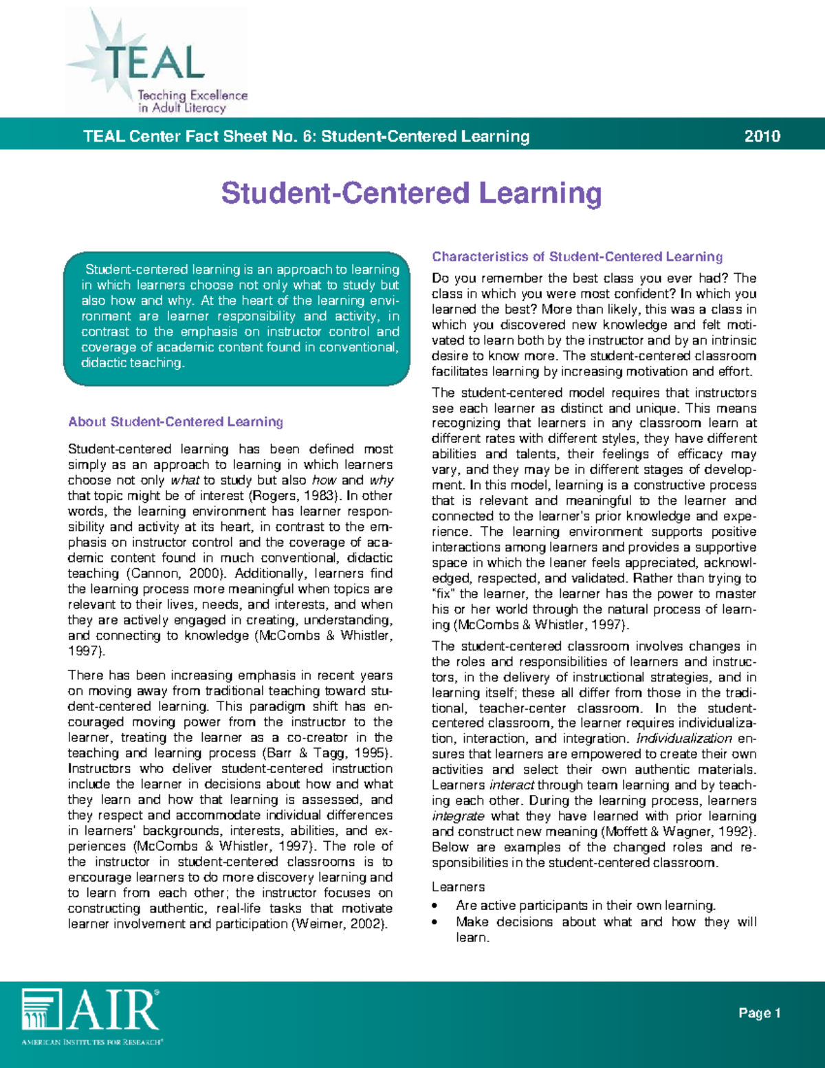TEAL Center Fact Sheet No. 6: Student-Centered Learning Approach - Studocu