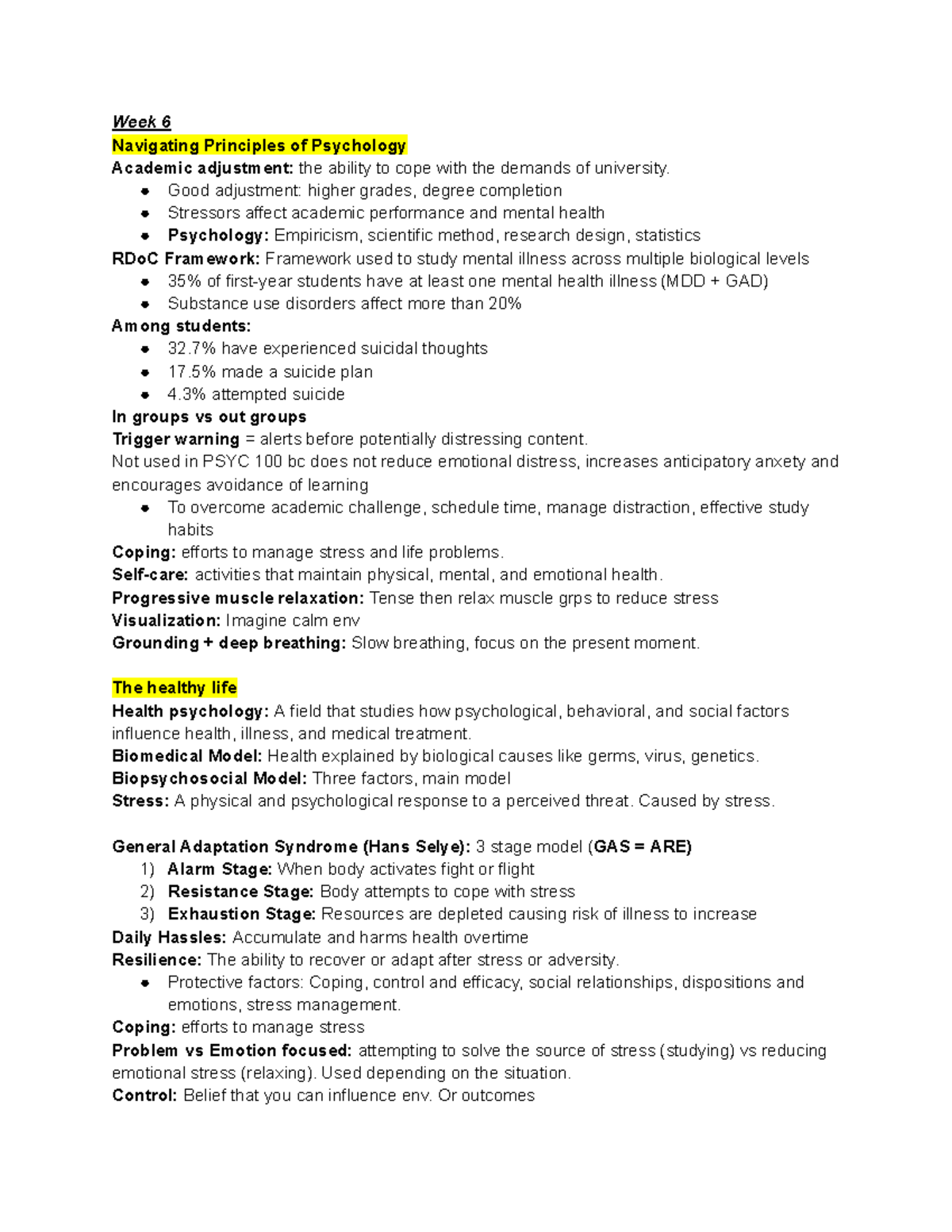 Week 7 Lecture: Coping Strategies and Stress Management in PSYC 100 ...