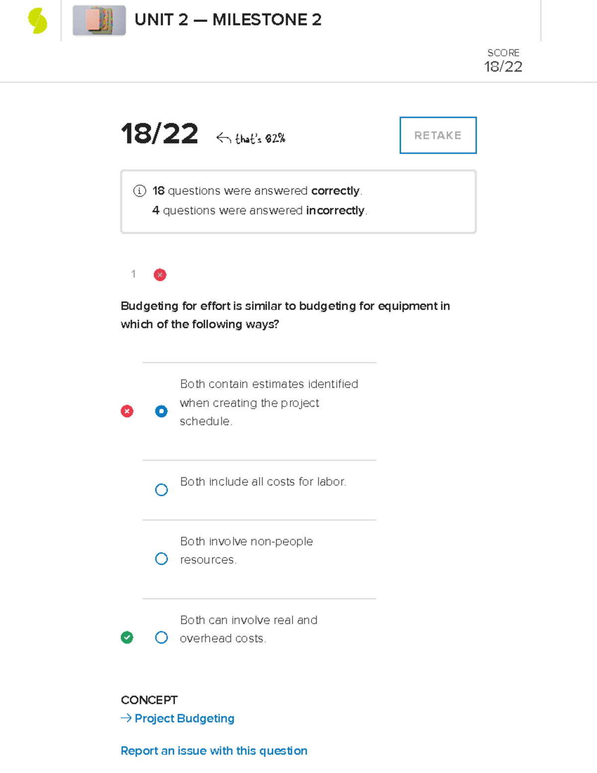 PM-Unit 2 - Milestone - 1 CONCEPT → Project Budgeting 18/22 ߍ that's 82% RETAKE ׌ 18 questions ...