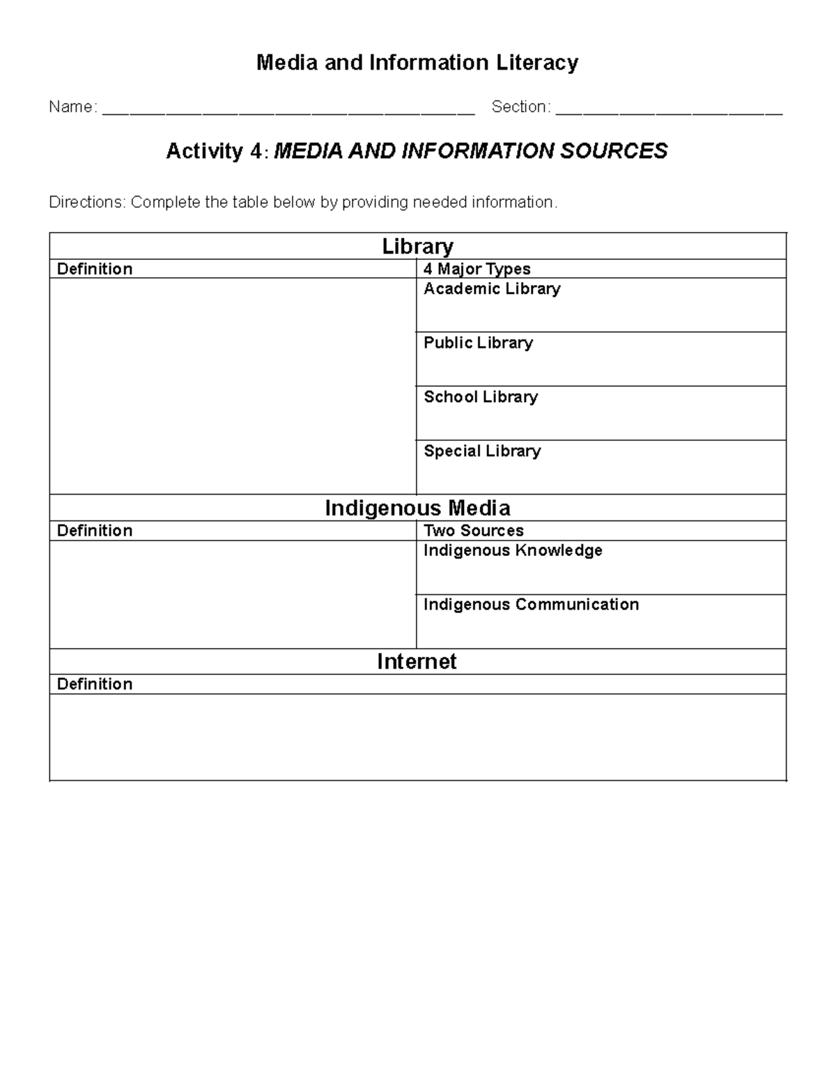 Activity 4 Media Sources - Media and Information Literacy Name: - Studocu
