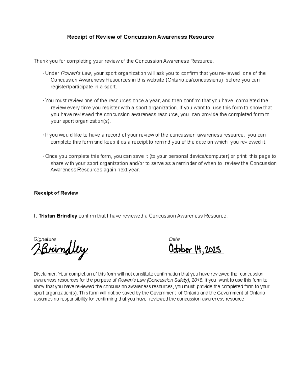 Receipt of Concussion Awareness Resource Review - Rowans Law 2.0 - Studocu