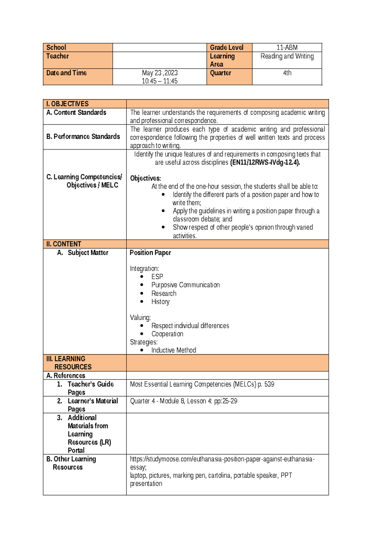 DLP - Lesson Plan on Writing a Position Paper for Grade 4 - Studocu