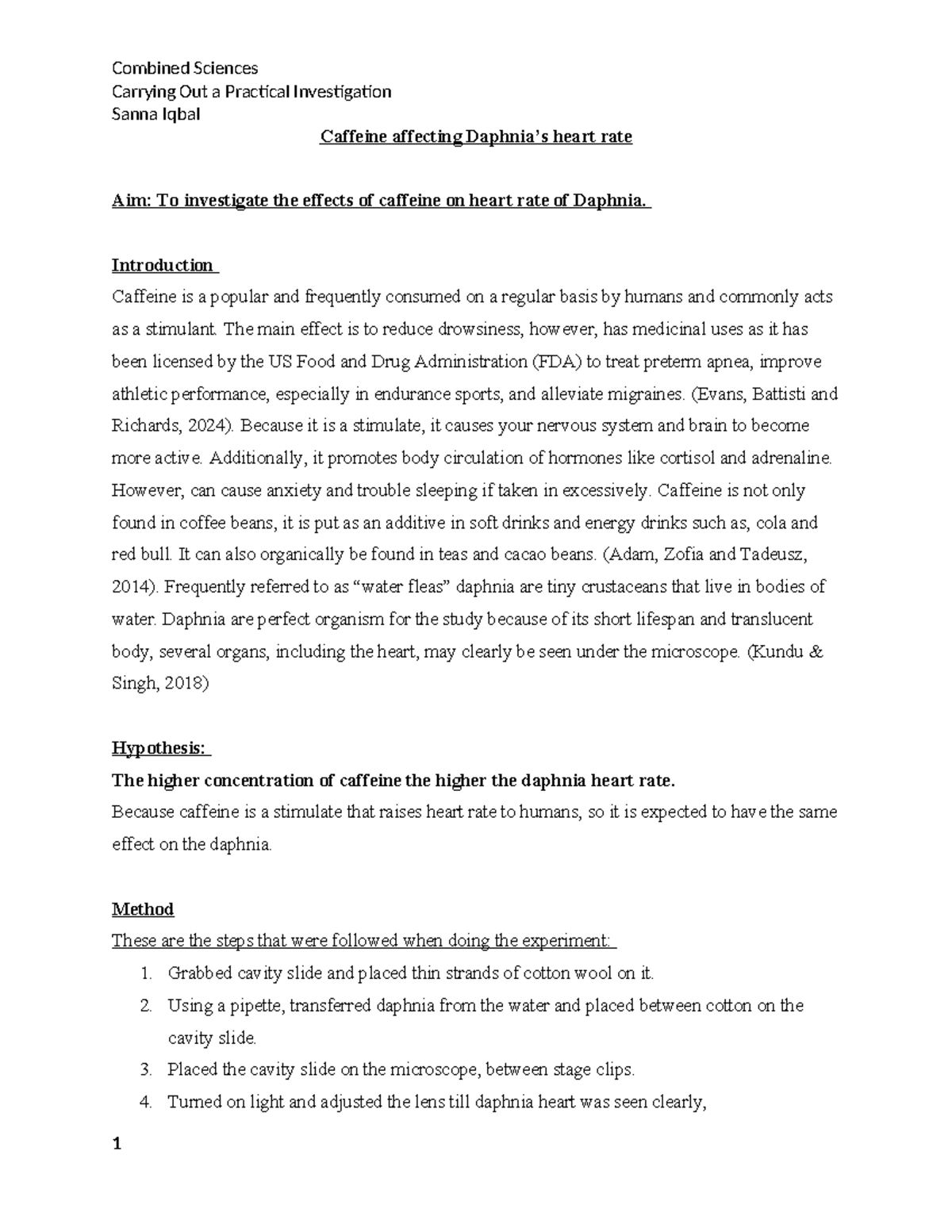 Biology Practicum - Lab Report on Caffeine's Effects on Daphnia's Heart ...