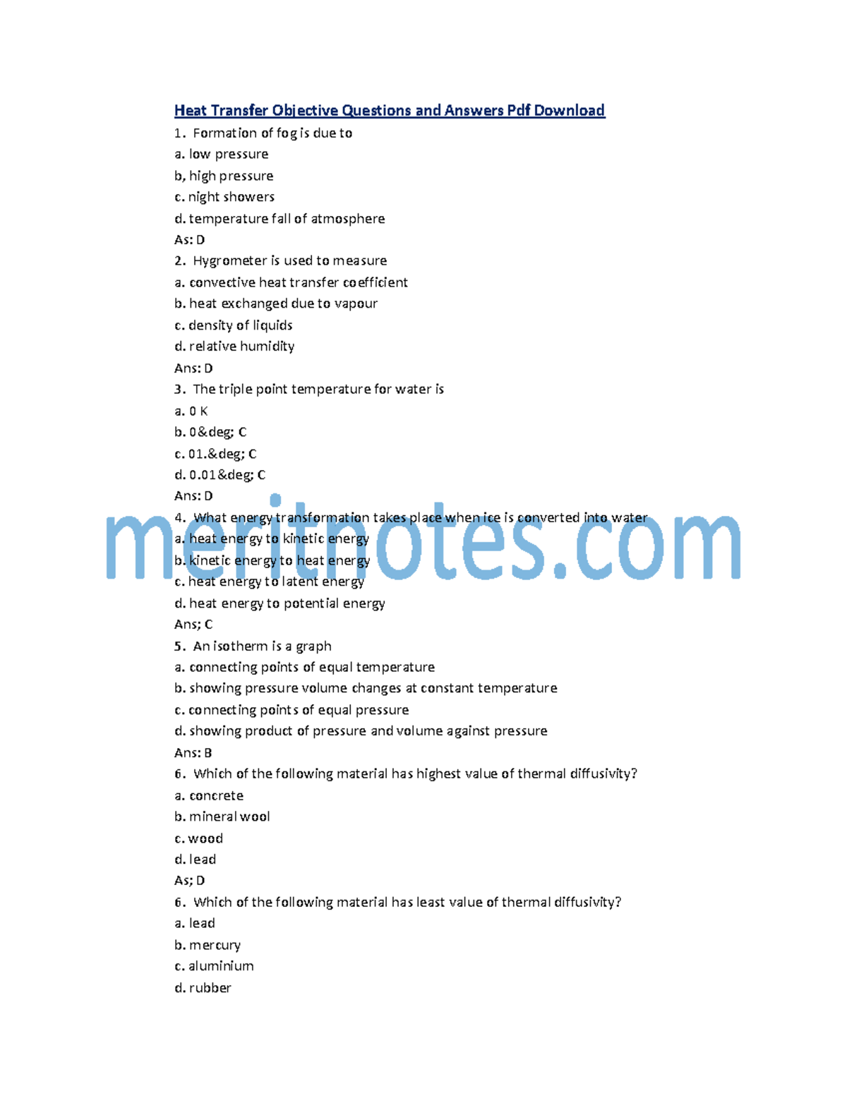 Heat Transfer MCQs & Answers - Objective Quiz Guide - Studocu