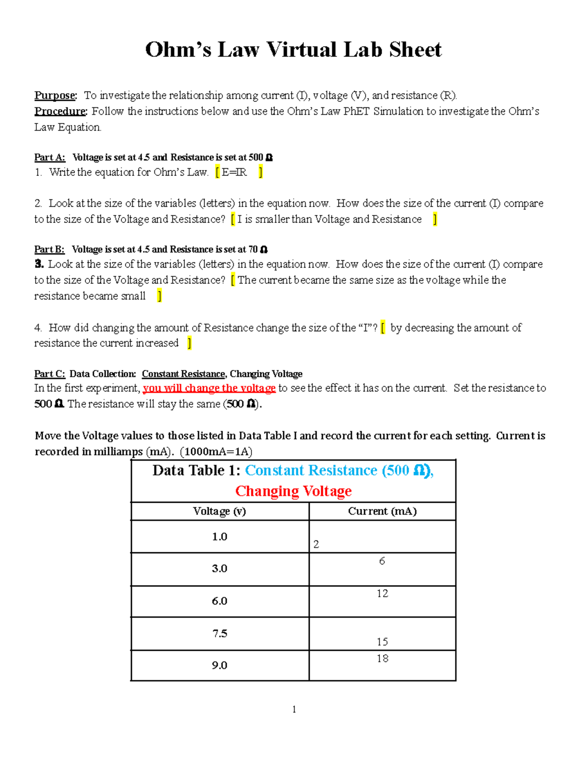 Ohm's Law Virtual Lab Sheet - Exploring V, I, R Relationships - Studocu