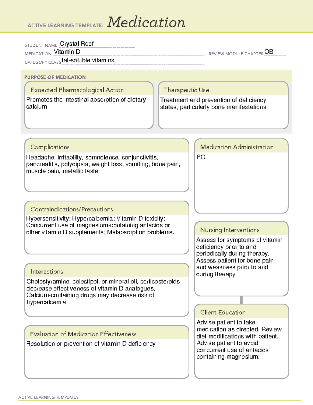 Vitamin D OB - Active Learning Template for Med Administration - Studocu