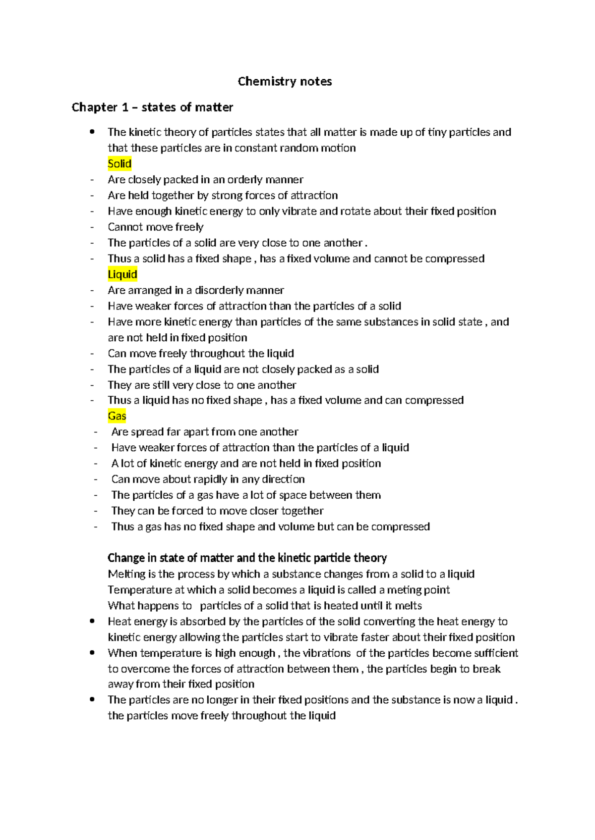 Chemistry Notes: Chapter 1 - States of Matter and Kinetic Theory - Studocu