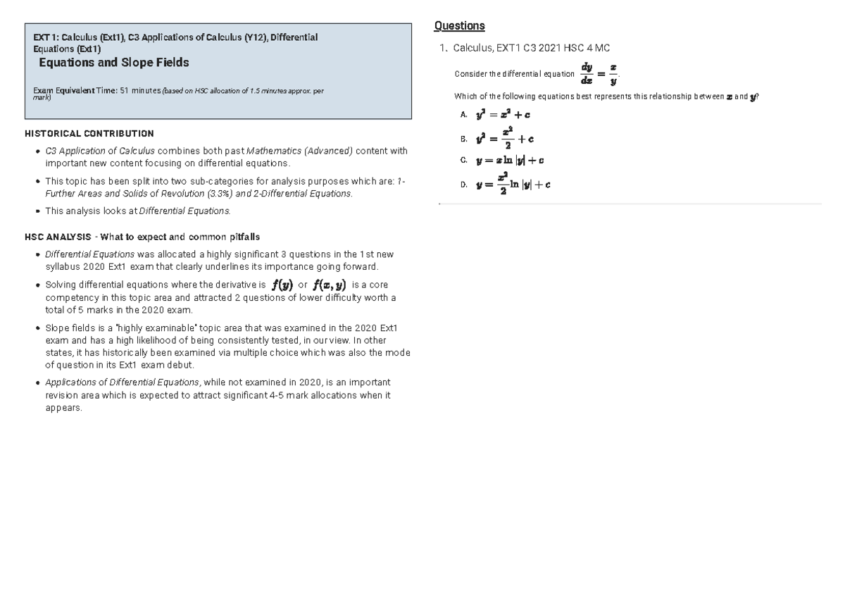 EXT 1: Y12 C3 Differential Equations & Slope Fields Exam Guide - Studocu