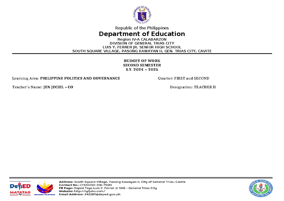 Budget of Work PPG 2024-2025: Second Semester Overview - Studocu