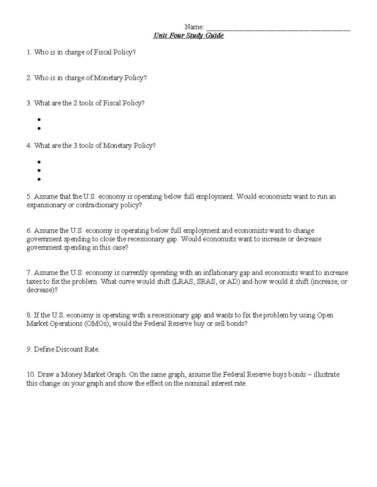 Unit 4 Econ Study Guide: Fiscal & Monetary Policy Tools Explained - Studocu