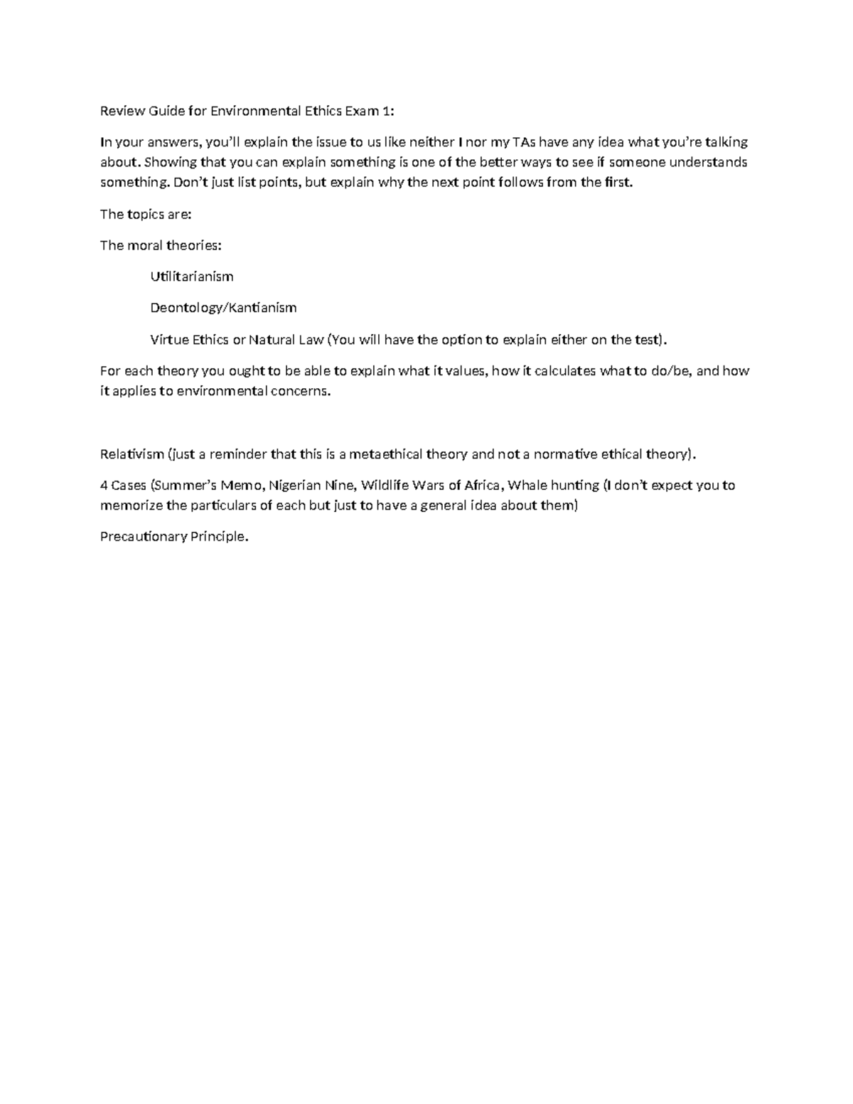 ENV 101: Exam 1 Review Guide on Environmental Ethics Concepts - Studocu