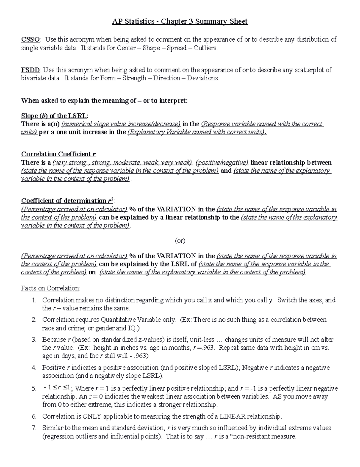 AP Statistics - Chapter 3 Summary and Review Guide - Studocu