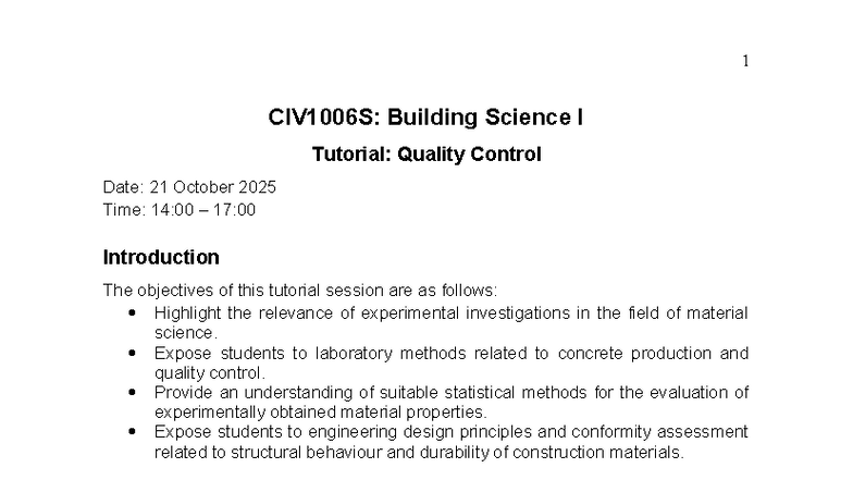 1 CIV1006S: Building Science I Tutorial on Concrete Quality Control ...