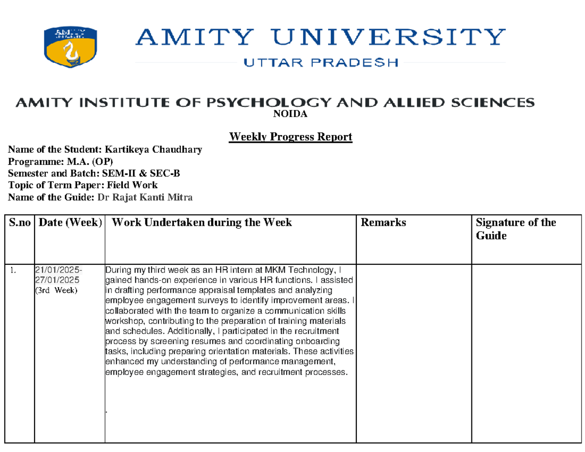 WPR 3 - Ntcc wpr daily progress report - NOIDA Weekly Progress Report Name of the Student ...