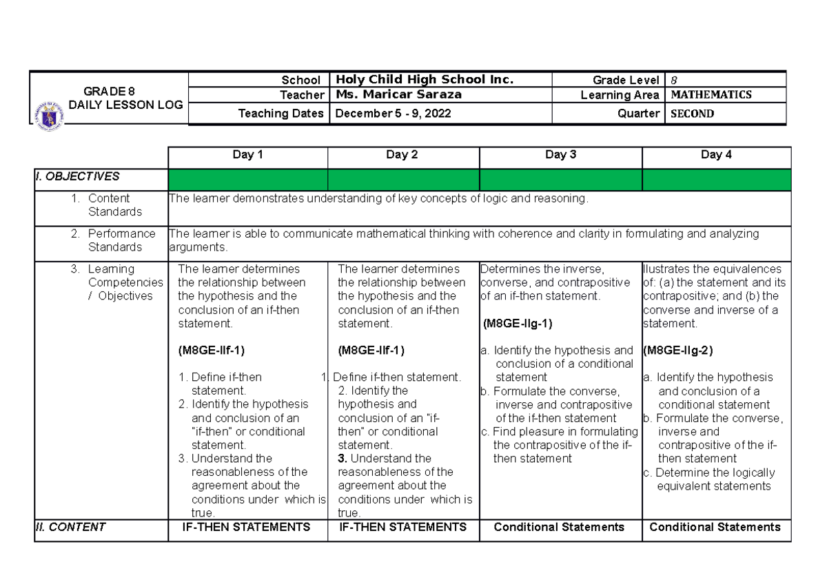 Quarter 2 W1 DLL (If - then) - GRADE 8 DAILY LESSON LOG School Holy ...
