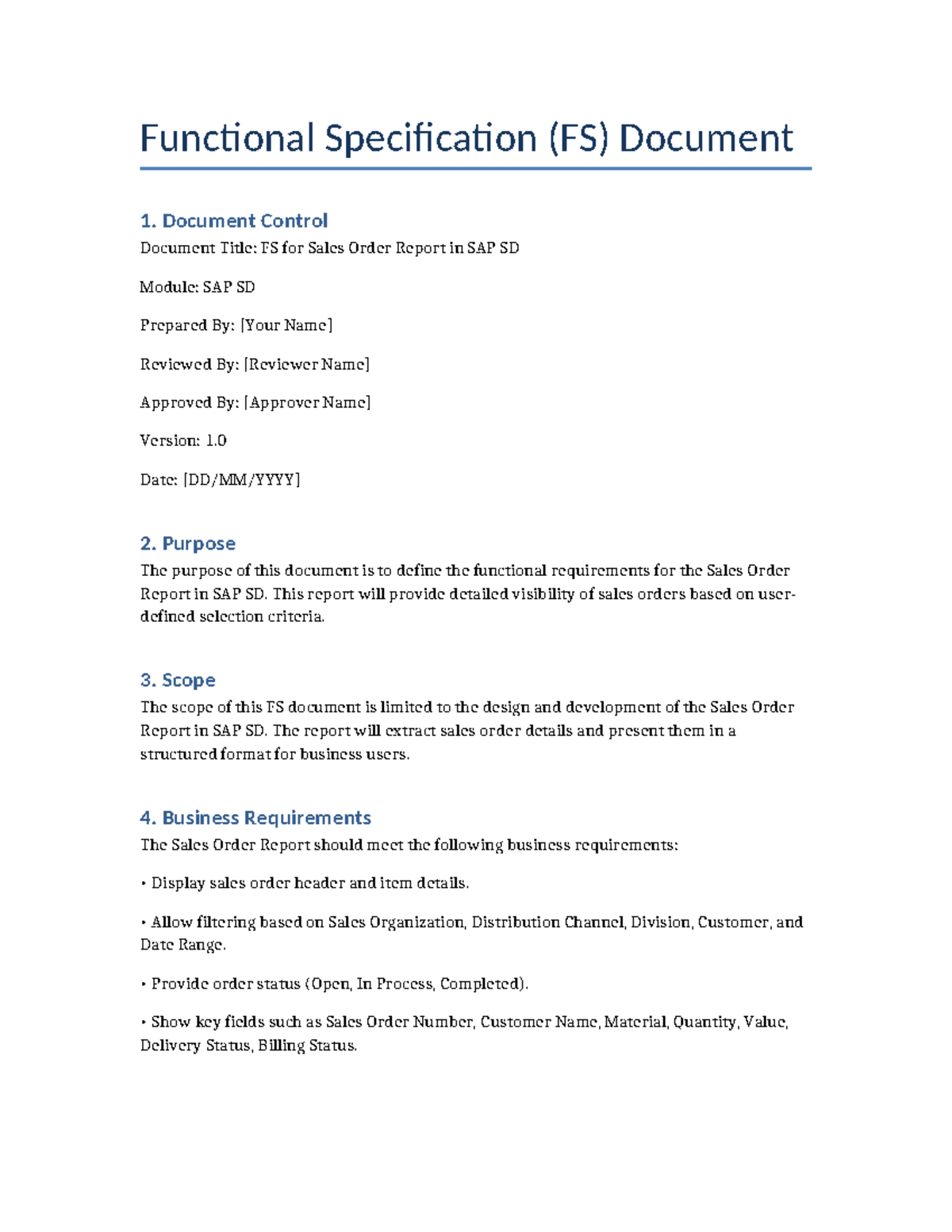 FS Document for Sales Order Report in SAP SD Module - Studocu