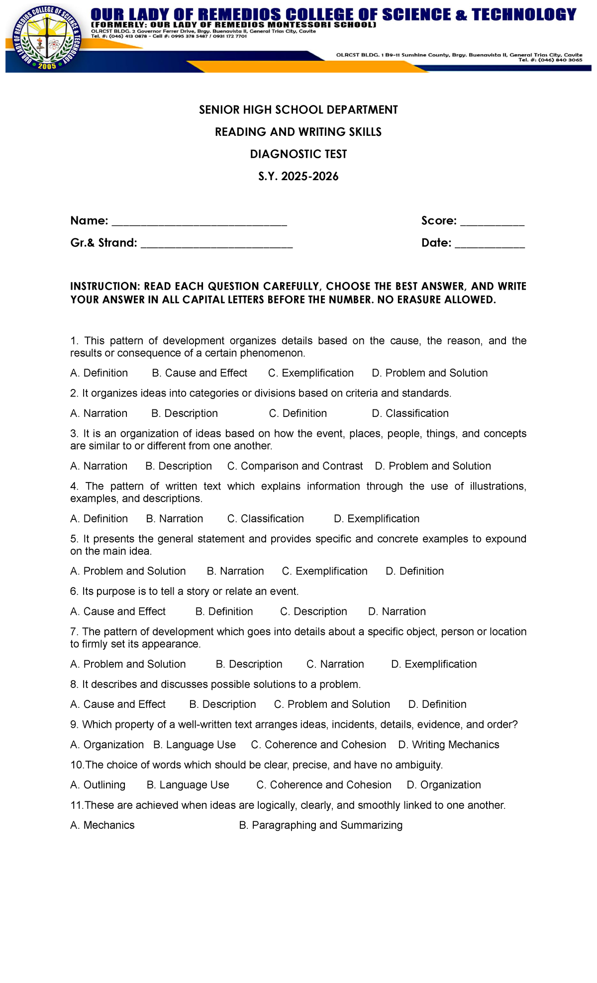 SENIOR HIGH SCHOOL READING & WRITING SKILLS DIAGNOSTIC TEST S.Y. - Studocu