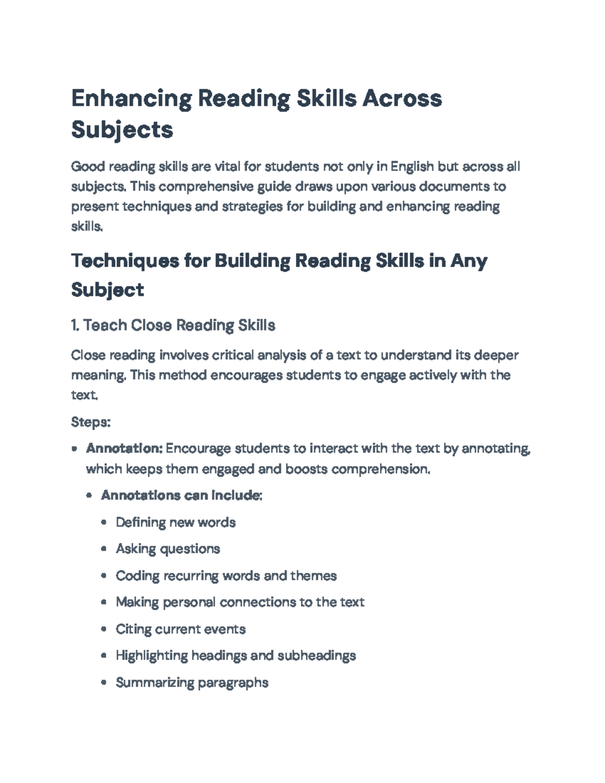Techniques for Enhancing Reading Skills Across Subjects (EDU 101 ...